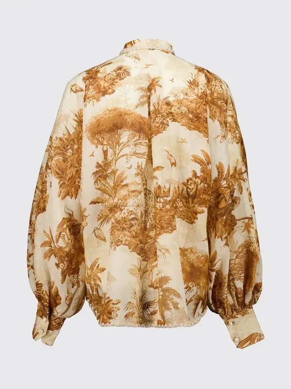 Zimmermann Printed Ramie Blouse With Balloon Sleeves And Pussy-bow Collar