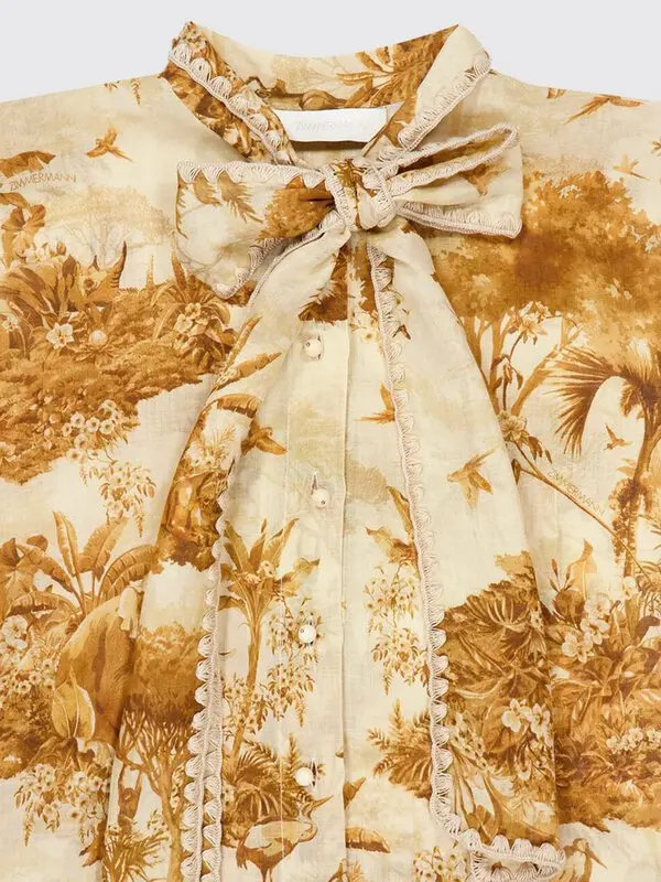 Zimmermann Printed Ramie Blouse With Balloon Sleeves And Pussy-bow Collar