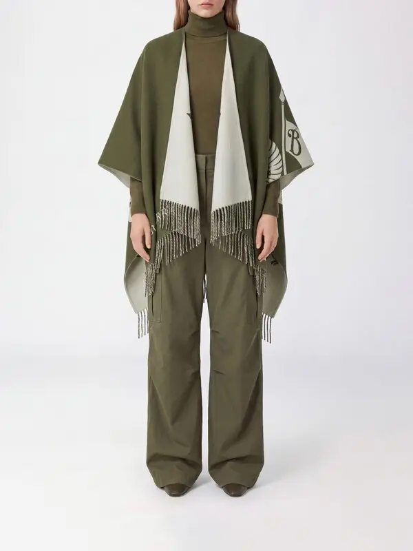 Burberry Asymmetric Wool And Cashmere Cape With Fringes And Logo