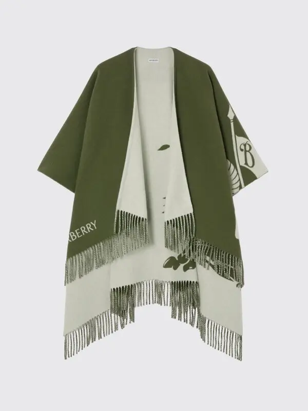 Burberry Asymmetric Wool And Cashmere Cape With Fringes And Logo