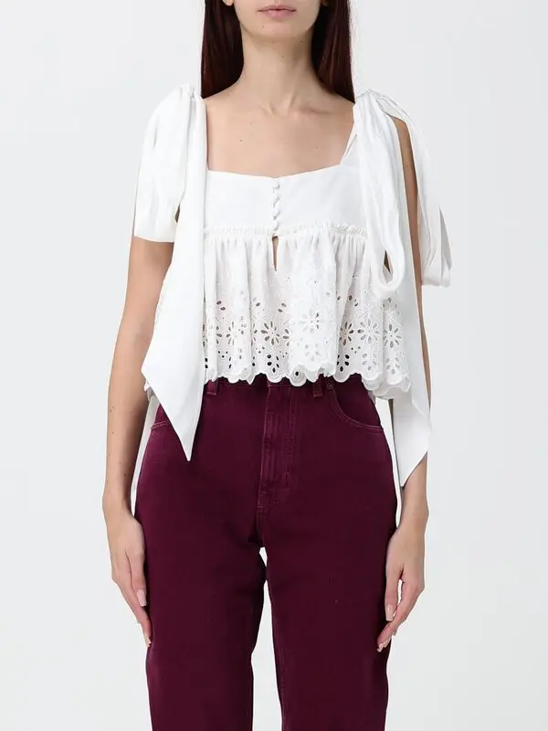 Chloé Cropped Top In Broderie Anglaise With A Square Neckline And Wavy Hem - White