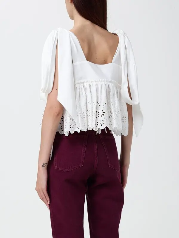 Chloé Cropped Top In Broderie Anglaise With A Square Neckline And Wavy Hem - White