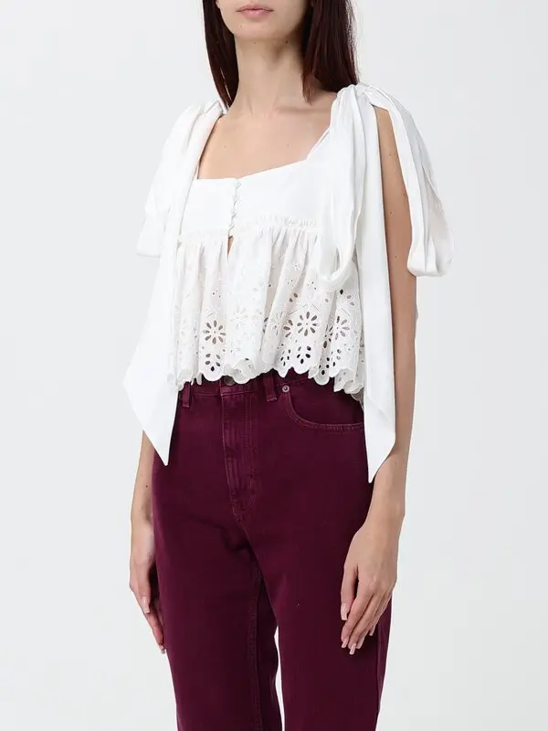Chloé Cropped Top In Broderie Anglaise With A Square Neckline And Wavy Hem - White