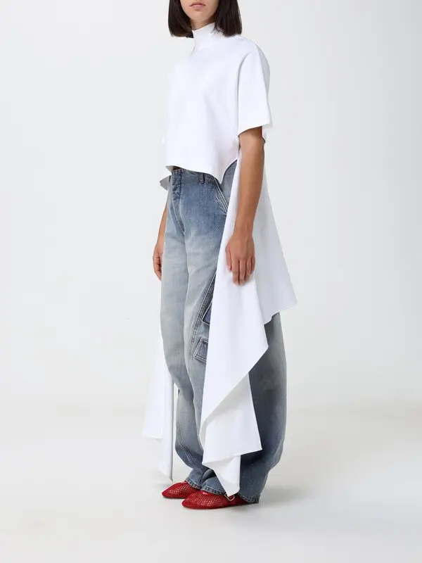 Alaïa Short-sleeved Cotton Jersey Top With Mock Neck And Asymmetric Hem