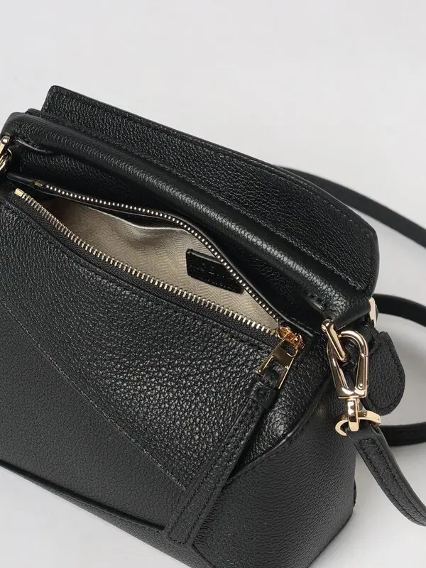 Loewe Puzzle Mini Handbag In Grained Calfskin With Shoulder Strap - Black
