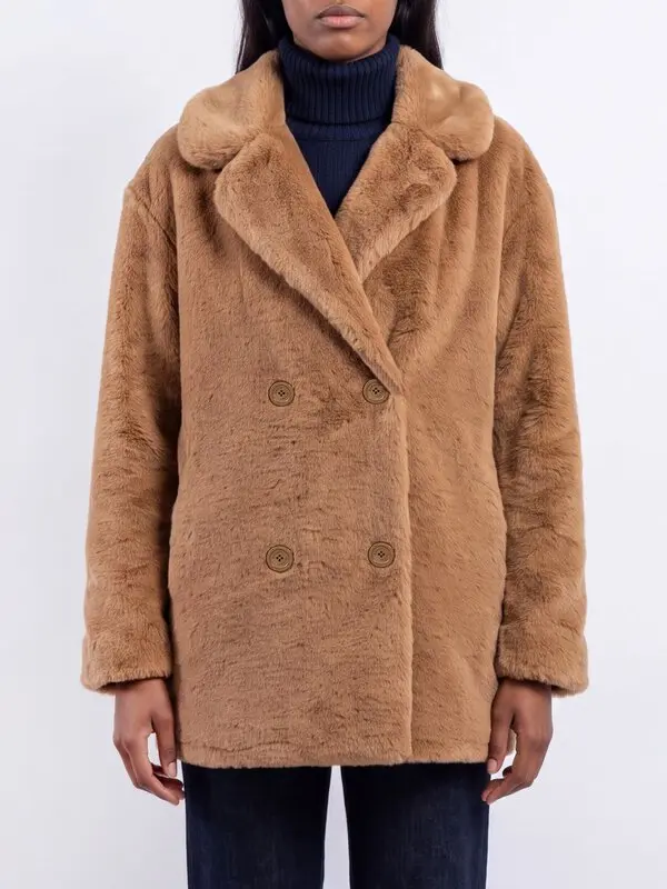 Herno Double-breasted Short Faux Fur Coat With Classic Collar - Brown