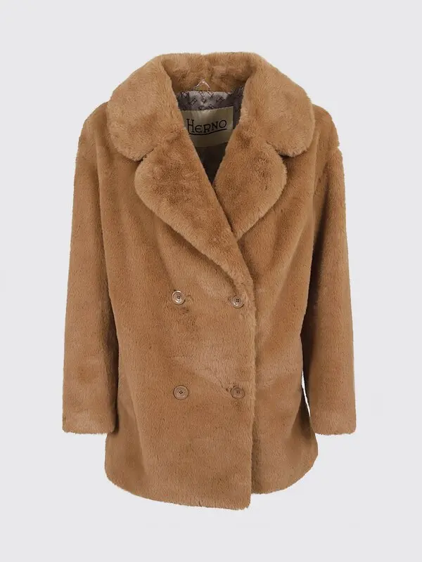 Herno Double-breasted Short Faux Fur Coat With Classic Collar - Brown