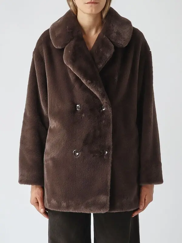 Herno Double-breasted Short Faux Fur Coat With Classic Collar - Dark