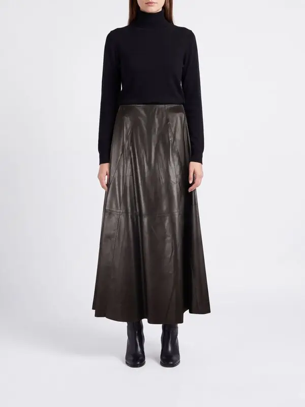 ARMA Flared Midi Skirt In Smooth Lambskin Leather With High Waist And Back Zip - Black