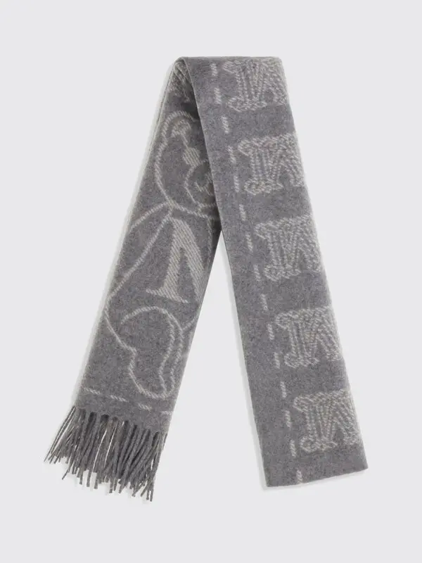Max Mara Charme Cashmere Stole With Jacquard Monogram And Fringed Hem - Grey