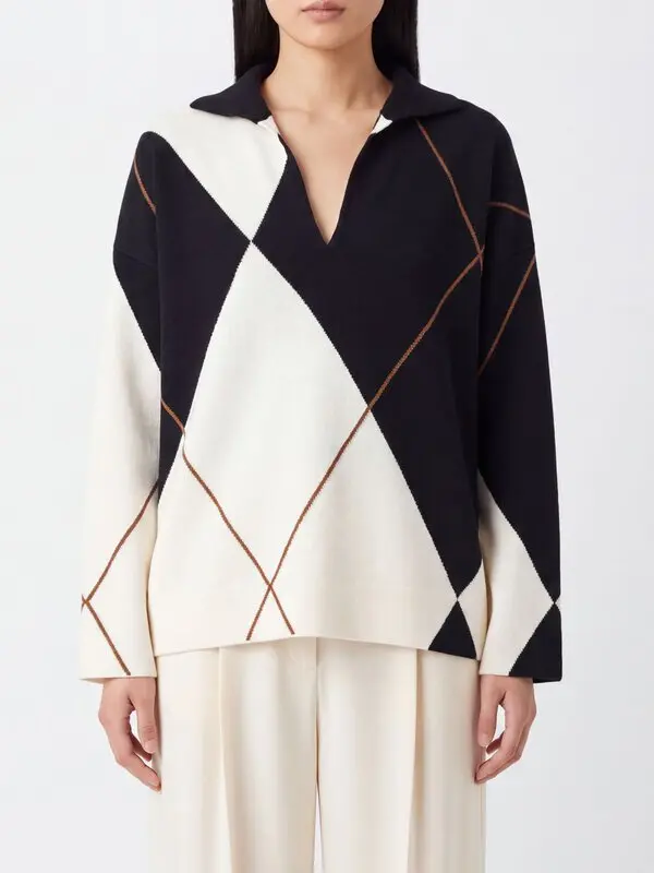Max Mara Oversized Argyle Wool Polo Jumper With V-neck And Dropped Shoulders - White