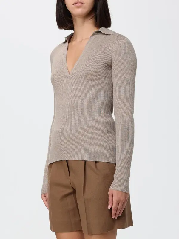 Max Mara Slim Fit V-neck Polo Jumper In 100% Cashmere With Long Sleeves - Beige