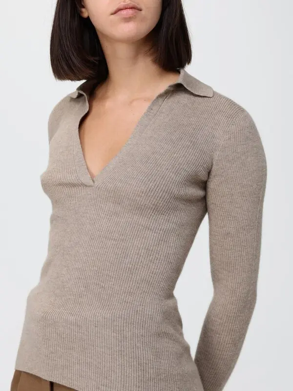 Max Mara Slim Fit V-neck Polo Jumper In 100% Cashmere With Long Sleeves - Beige