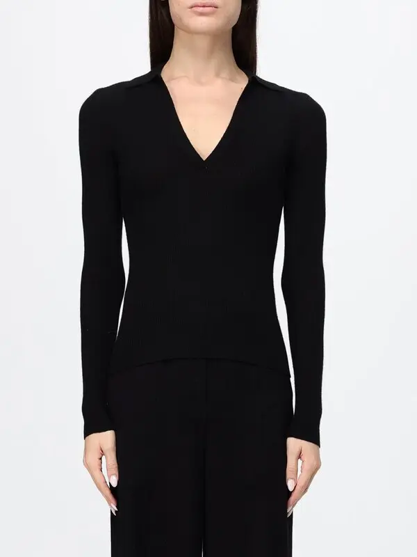 Max Mara Slim Fit V-neck Polo Jumper In 100% Cashmere With Long Sleeves - Black