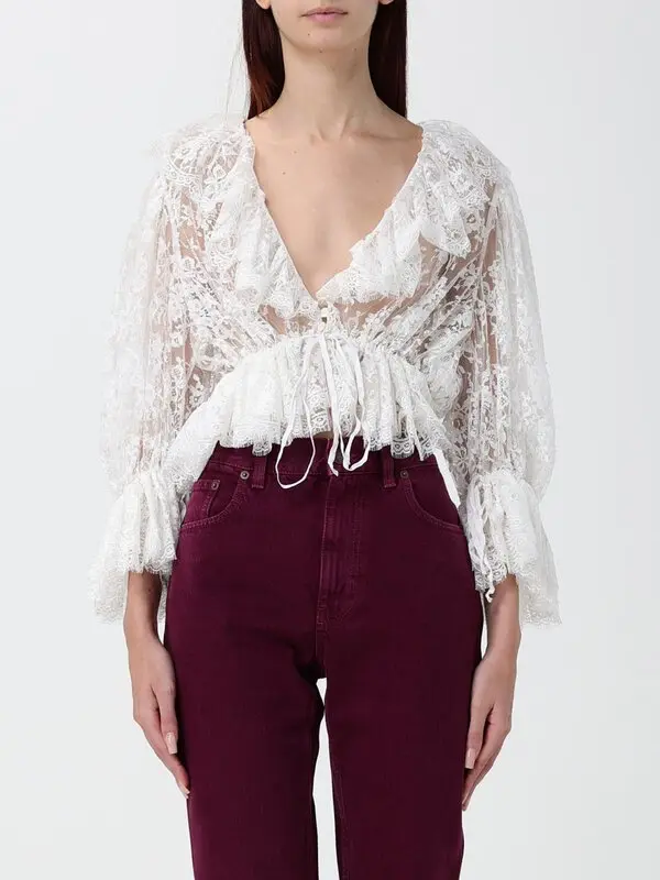 Chloé Draped Lace Cropped Blouse With Deep V-neck And Flared Sleeves - White