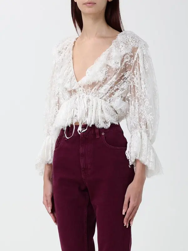 Chloé Draped Lace Cropped Blouse With Deep V-neck And Flared Sleeves - White