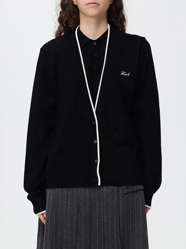 Karl Lagerfeld V-neck Cardigan In 100% Merino Wool With Contrast Trims