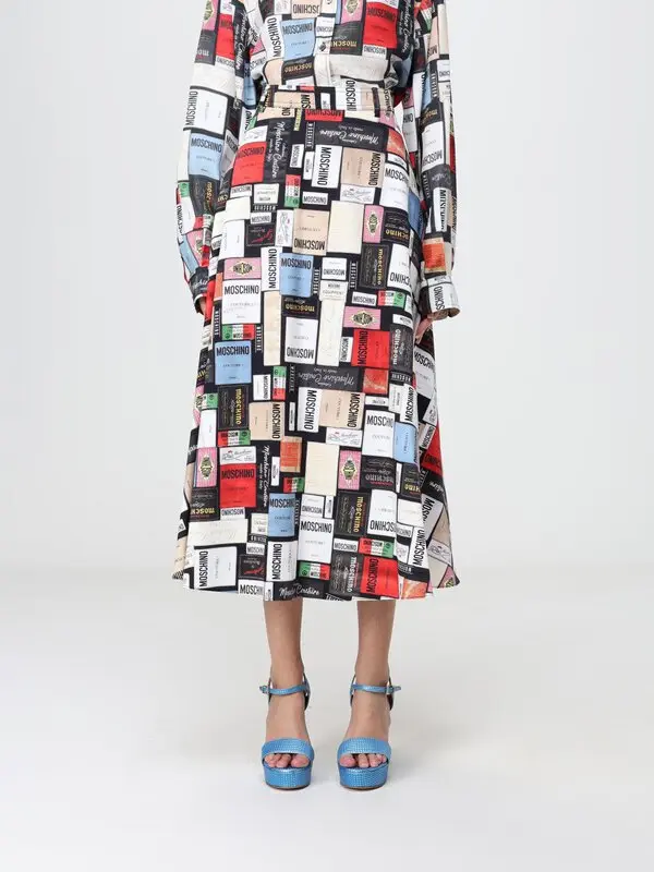 Moschino High-waisted A-line Midi Skirt In Cotton With Graphic Print - Multicolor