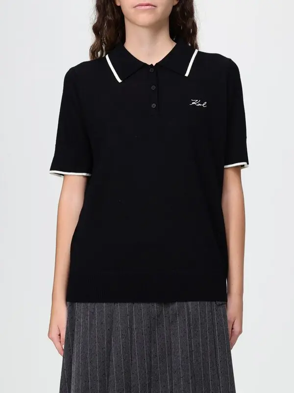 Karl Lagerfeld Knitted Polo Shirt In 100% Merino Wool With Contrast Trims - Black