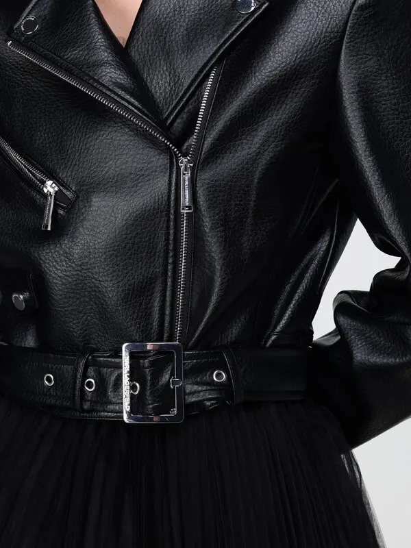 Karl Lagerfeld Cropped Faux Leather Biker Jacket With Oversized Shoulders