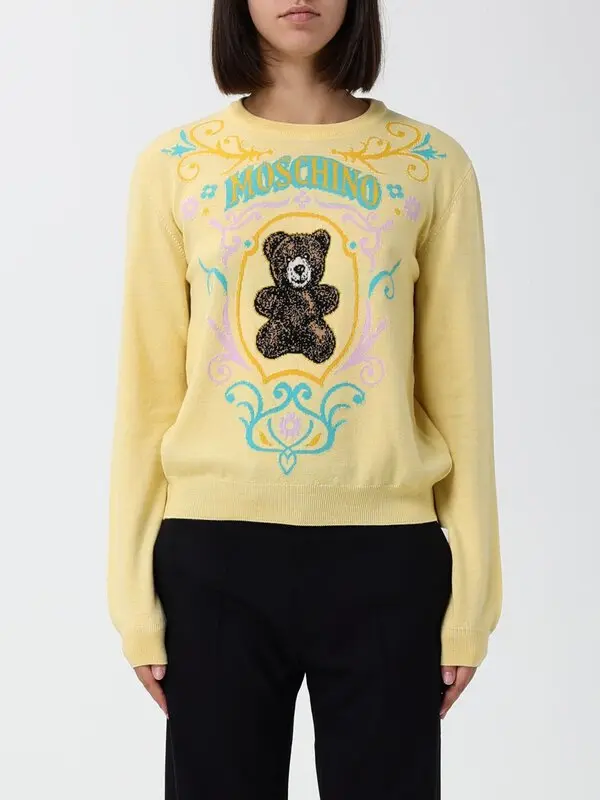 Moschino Teddy Bear Jacquard Logo Crewneck Jumper In 100% Merino Wool - Yellow