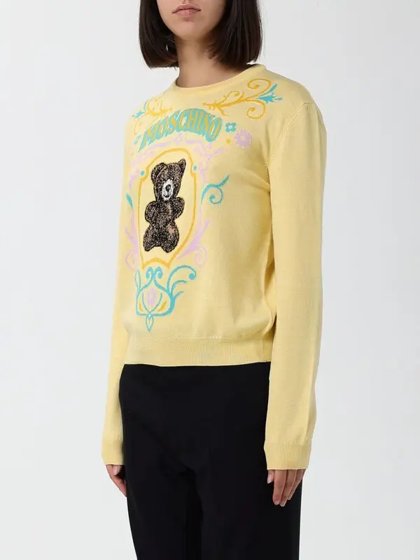 Moschino Teddy Bear Jacquard Logo Crewneck Jumper In 100% Merino Wool - Yellow