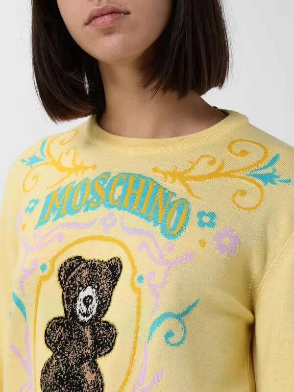 Moschino Teddy Bear Jacquard Logo Crewneck Jumper In 100% Merino Wool - Yellow