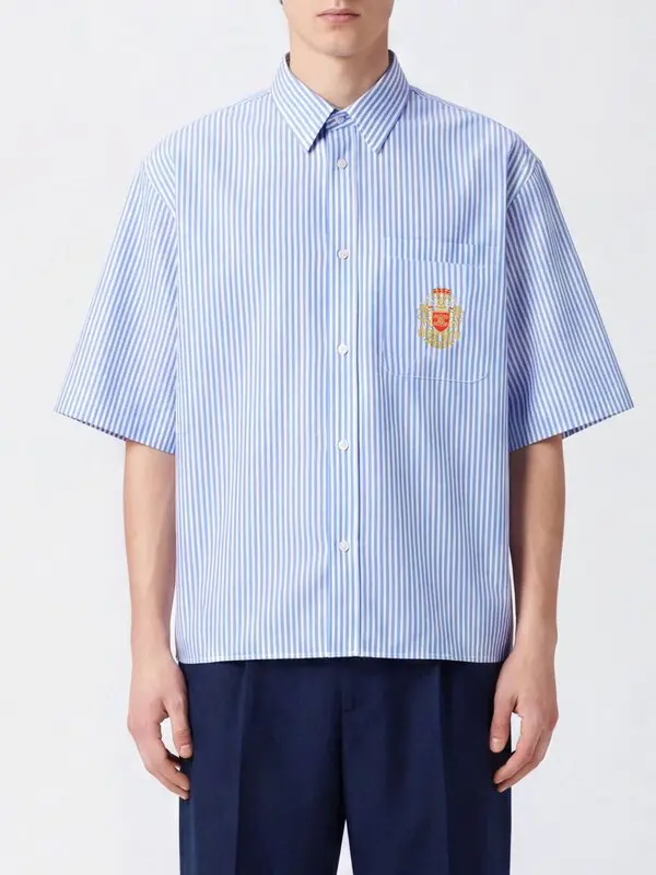 Celine Striped Cotton Short-sleeve Shirt With Embroidered Logo