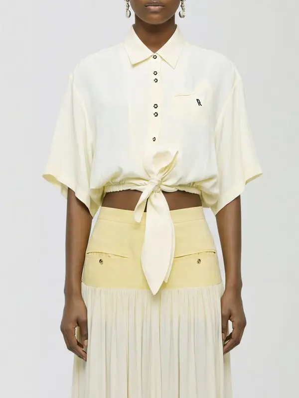 Rabanne Cropped Silk-blend Shirt With Embroidered Logo And Tie-hem - White