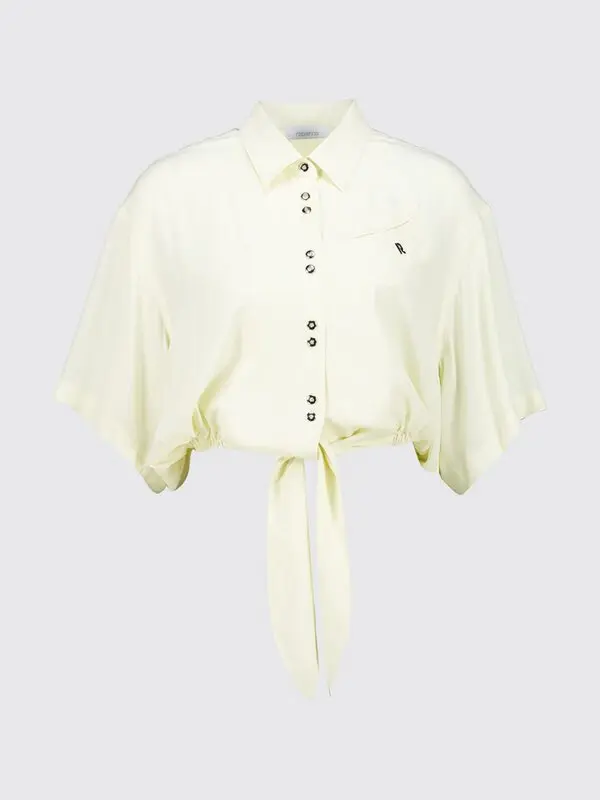 Rabanne Cropped Silk-blend Shirt With Embroidered Logo And Tie-hem - White