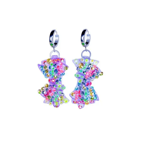 ACID CAT Immortalized Bow Rhinestone Nineties Vintage Barrette Earrings - Purple