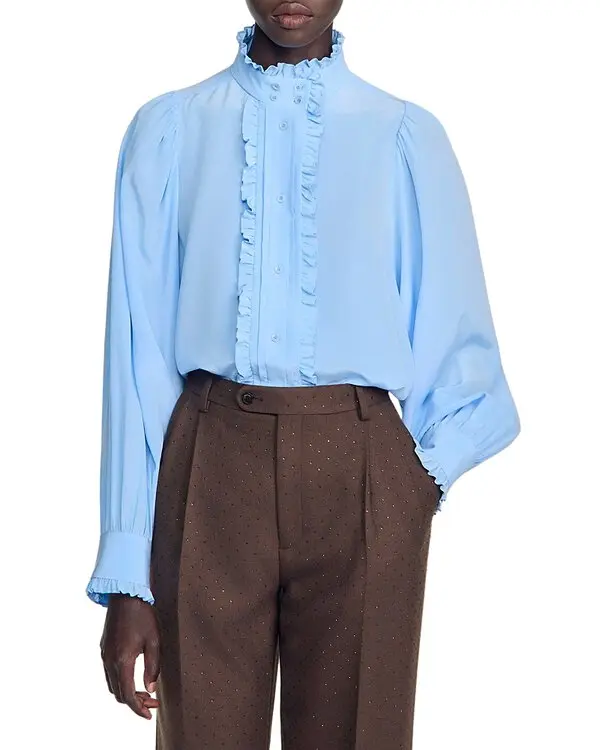 Sandro Hortense Silk Ruffled Shirt - Sky Blue