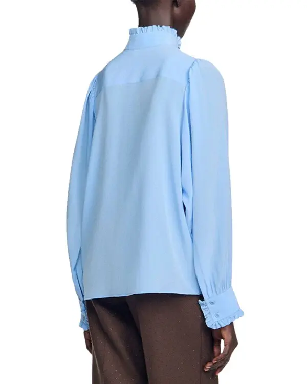 Sandro Hortense Silk Ruffled Shirt - Sky Blue