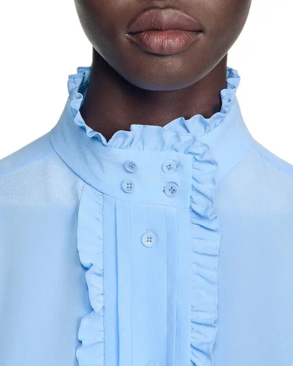 Sandro Hortense Silk Ruffled Shirt - Sky Blue