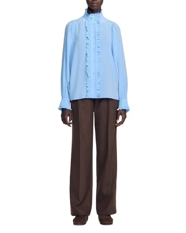 Sandro Hortense Silk Ruffled Shirt - Sky Blue