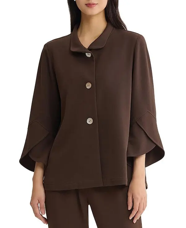 Ming Wang Button Front Bell Sleeve Deco Crepe Jacket - Dark Umber