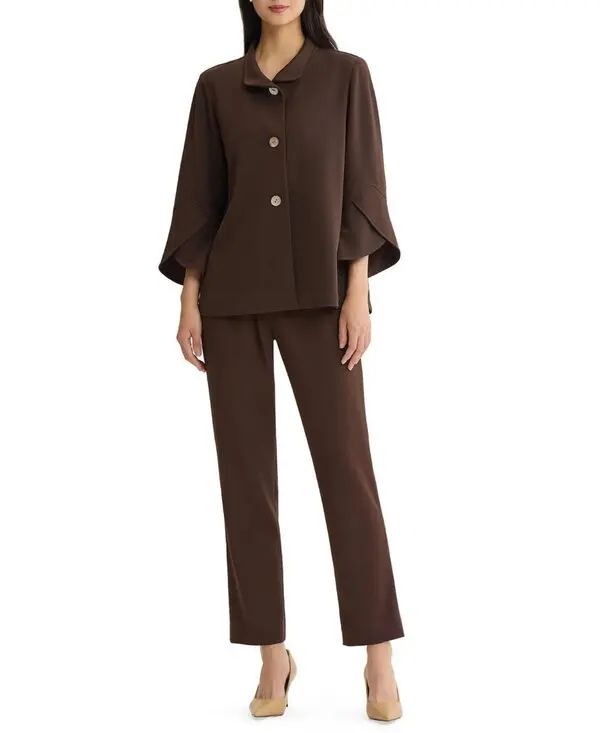 Ming Wang Button Front Bell Sleeve Deco Crepe Jacket - Dark Umber