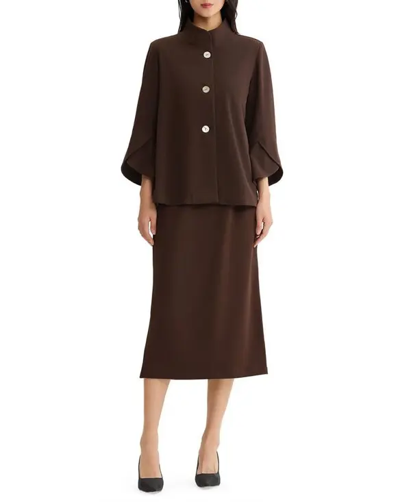 Ming Wang Button Front Bell Sleeve Deco Crepe Jacket - Dark Umber