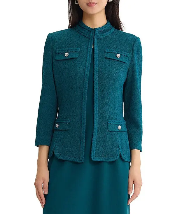 Ming Wang Plus Braided Trim Pointelle Knit Jacket - Deep Teal