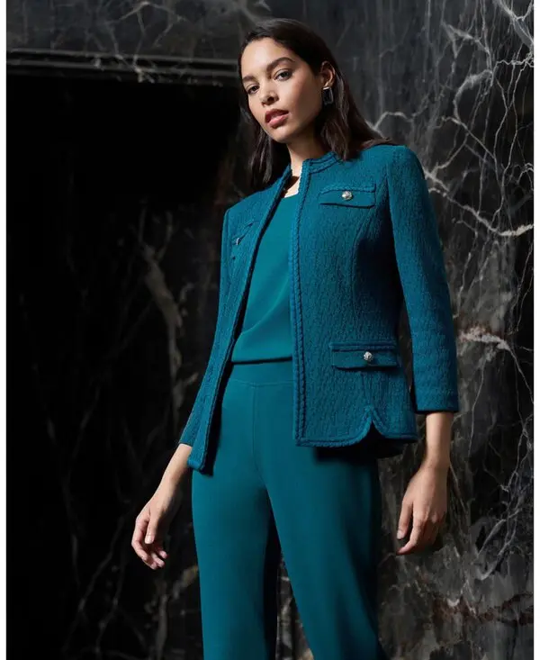 Ming Wang Plus Braided Trim Pointelle Knit Jacket - Deep Teal