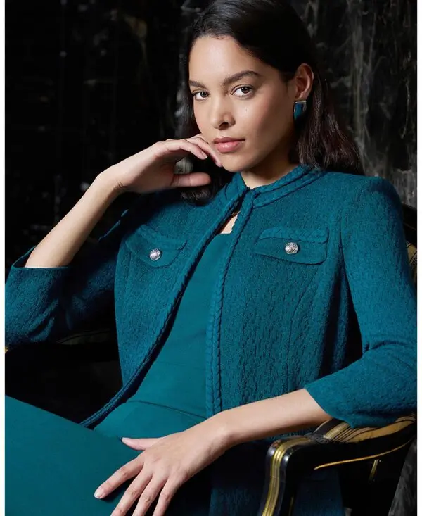Ming Wang Plus Braided Trim Pointelle Knit Jacket - Deep Teal