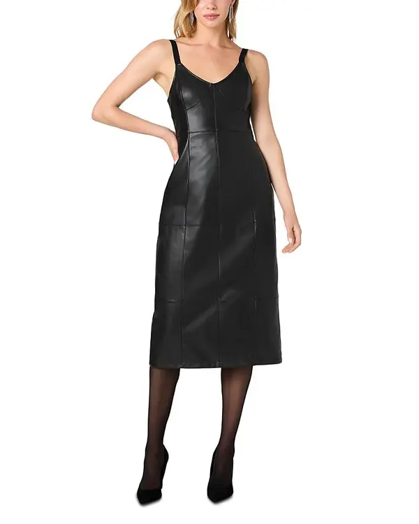 French Connection Dessa Faux Leather V Neck Dress