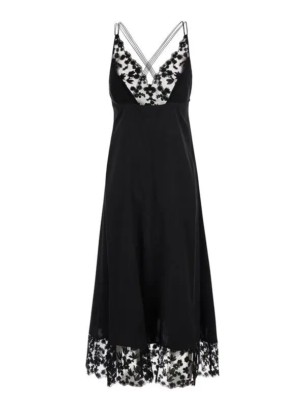 Fendi Silk V-neck Midi Dress With Lace Details And Back Spaghetti-strap Cross - Black
