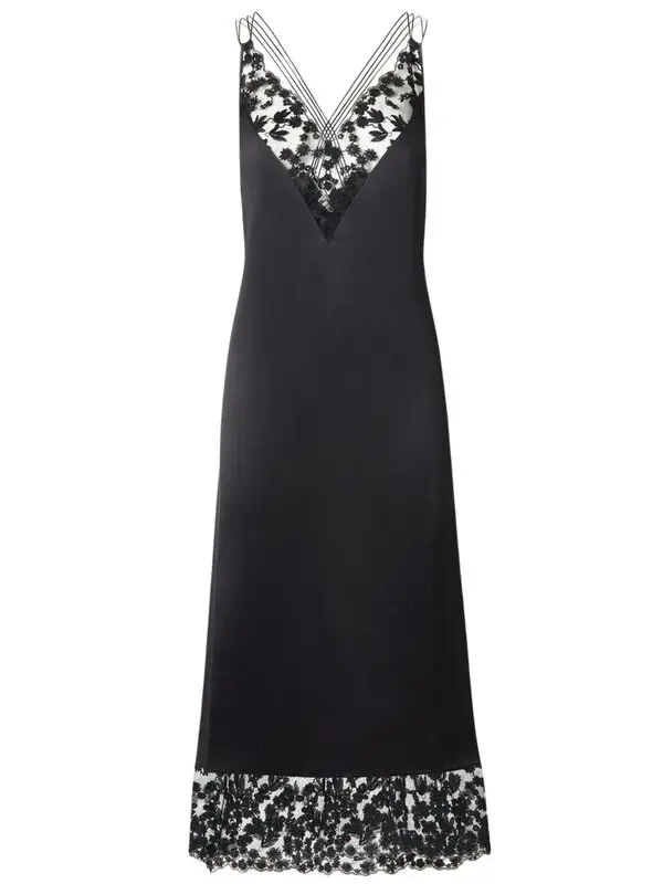 Fendi Silk V-neck Midi Dress With Lace Details And Back Spaghetti-strap Cross - Black