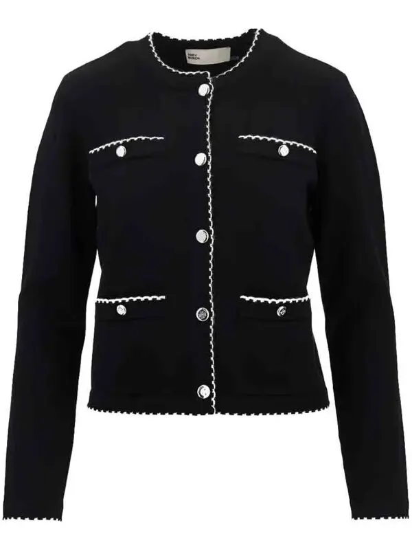 Tory Burch Classic Crew Neck Wool Cardigan With Contrasting Trim And Patch Pockets - Black