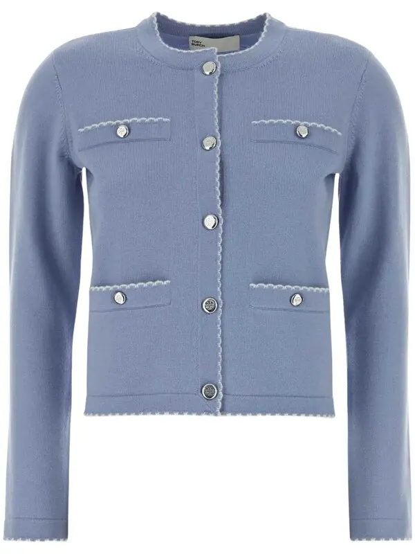 Tory Burch Blue Wool Cardigan With Four Front Pockets And Embroidered-effect Trim