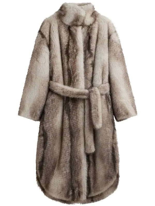 THE FRANKIE SHOP Ravello Wrap Faux Fur Jacket With Belted Waist - Grey