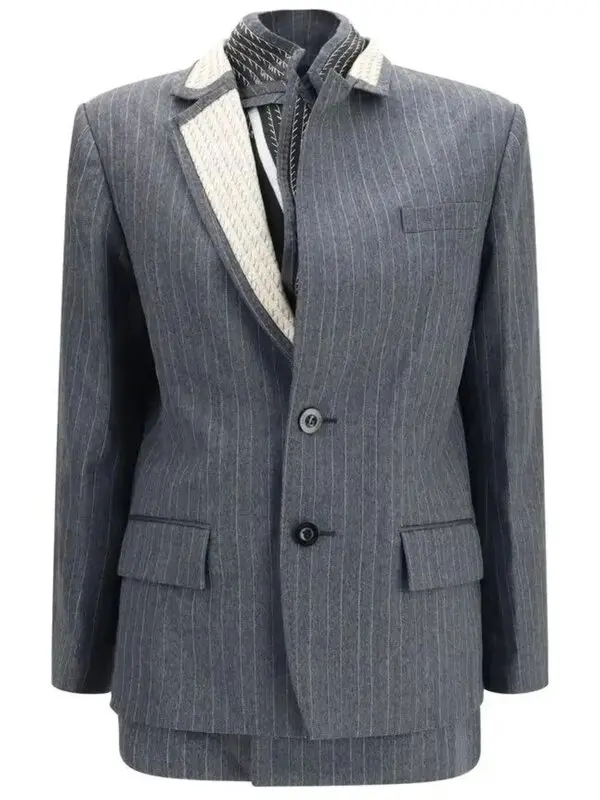 Sacai Pinstriped Wool Blazer With Tailored Fit, Notched Lapels & Side Pockets - Black