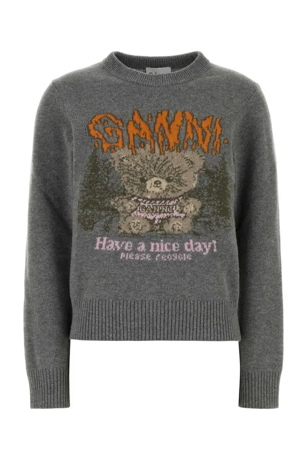 GANNI Wool Blend Knit Sweater - Grey