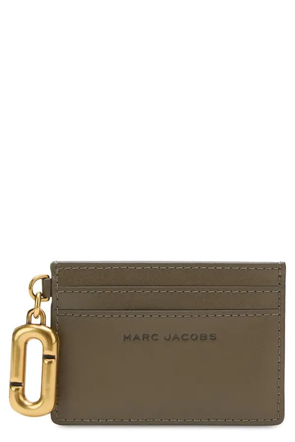 Marc Jacobs Mini Leather Card Holder With Gold-tone Pendant, Top Pocket & 3 Card Slots - Ecru